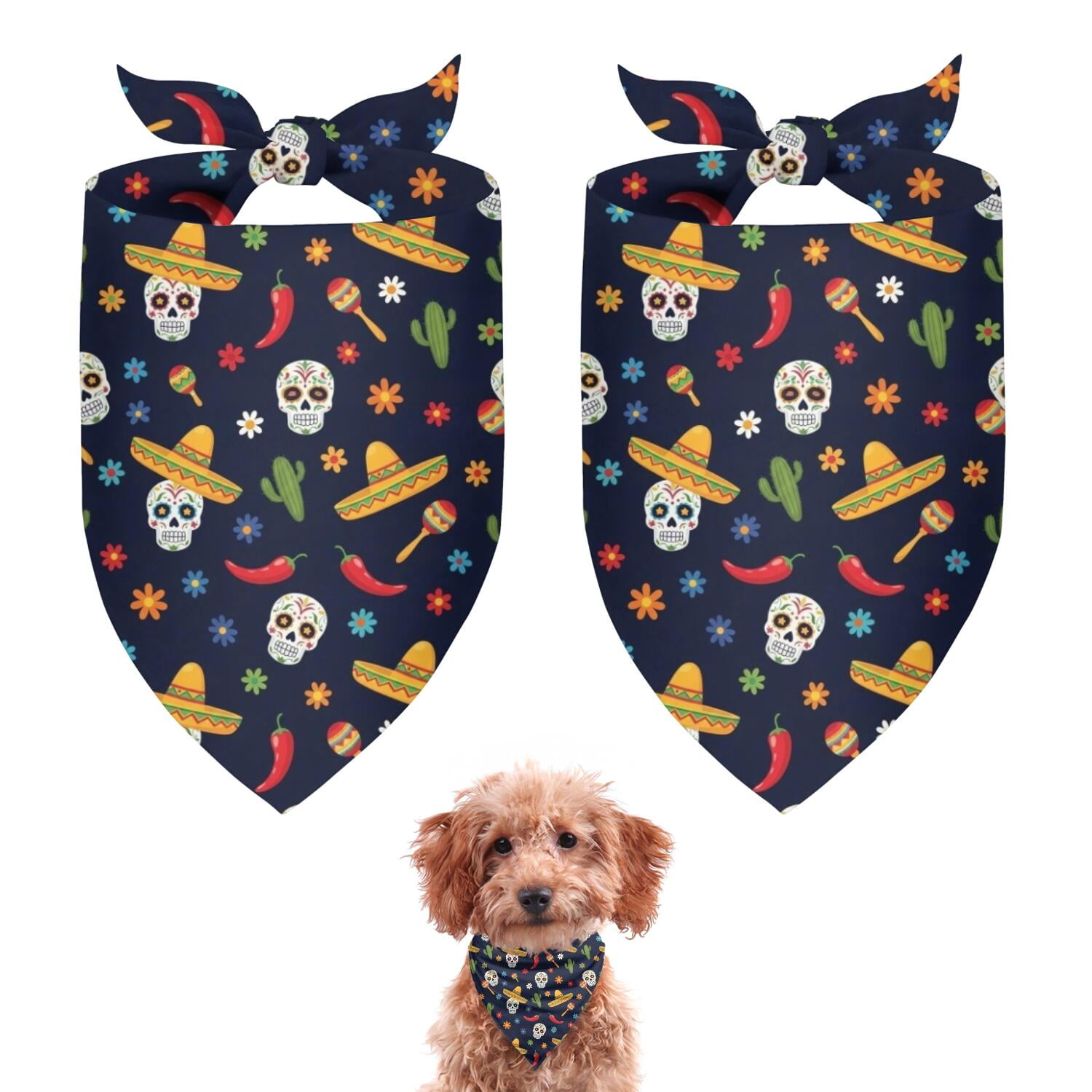 Dog Bandana 2 Pack,Navy Mexican Skull Pattern Bandanas for Dogs,Cat ...
