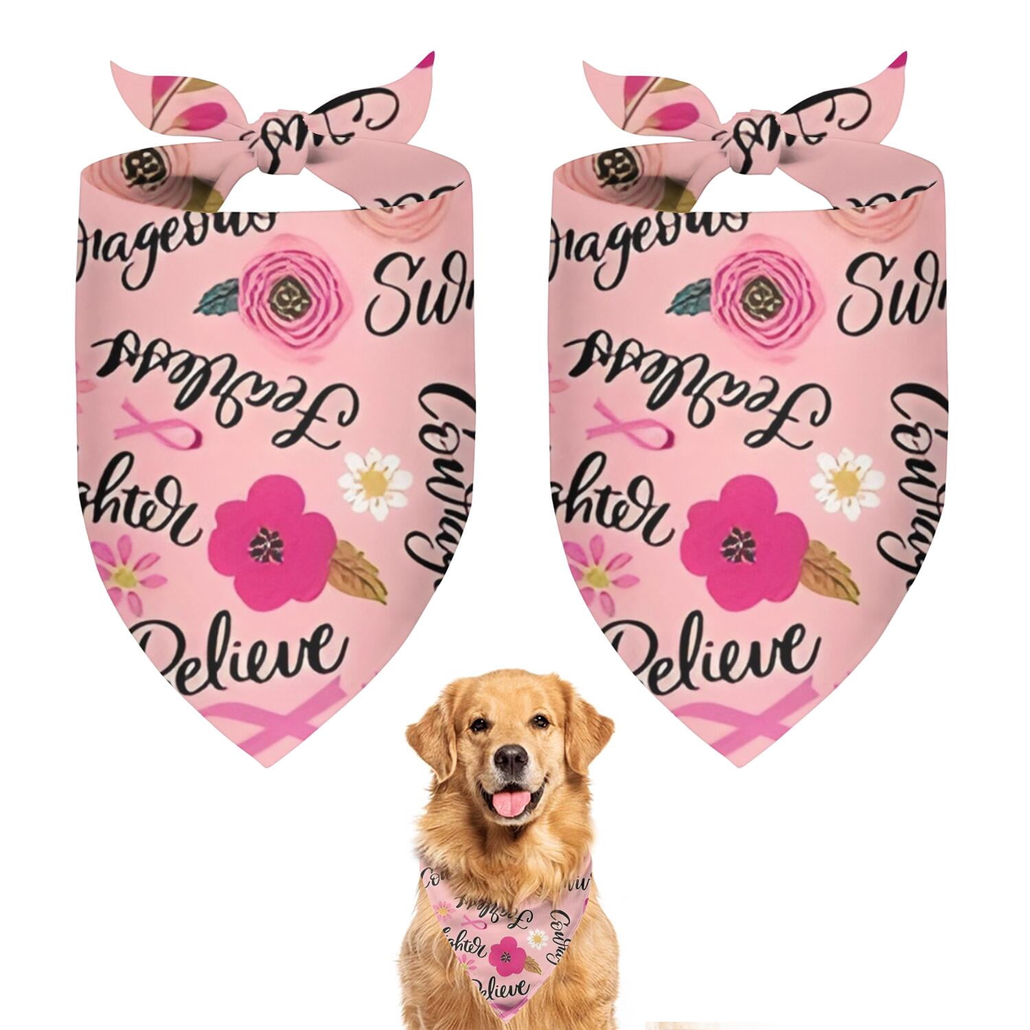 Dog Bandana 2 Pack,Pink Breast Cancer and Pioneer Flower Bandanas for ...