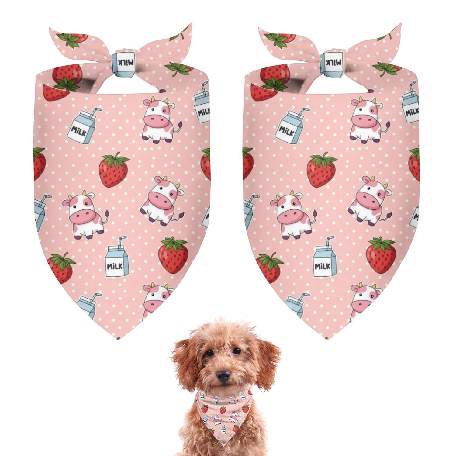 Dog Bandana 2 Pack,Pink Cow Strawberry Milk Pattern Bandanas for Dogs ...