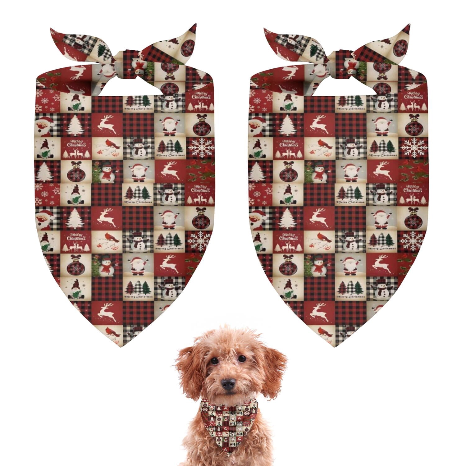 Dog Bandana 2 Pack,Red Christmas Collage Pattern Bandanas for Dogs,Cat ...