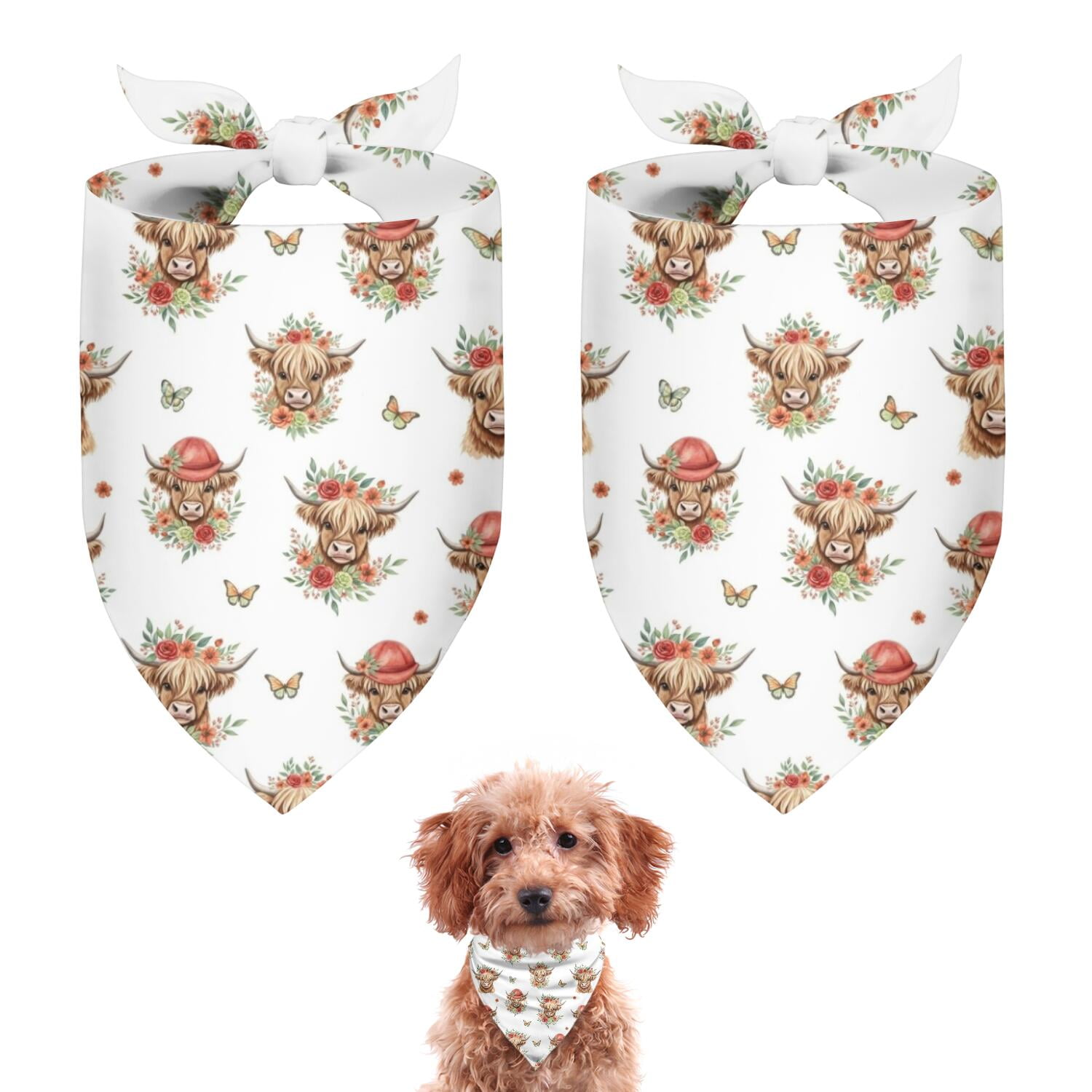 Dog Bandana 2 Pack,White Highland Cow Flower Butterfly Pattern Bandanas ...