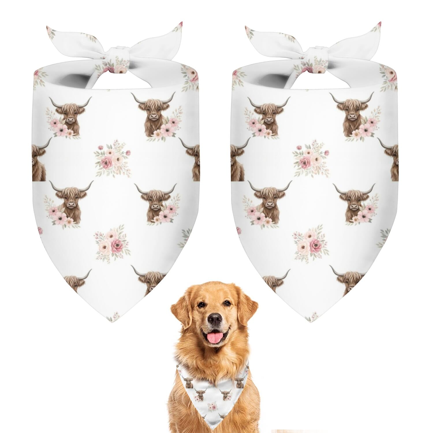 Dog Bandana 2 Pack,White Highland Cow Flower Pattern Bandanas for Dogs ...