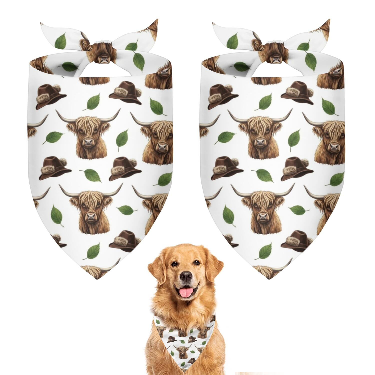 Dog Bandana 2 Pack,White Highland Cow Hat Leaf Pattern Bandanas for ...