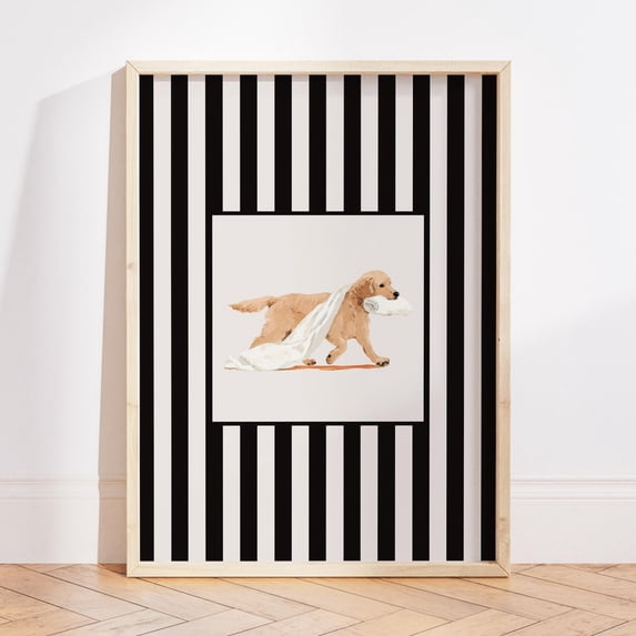 Dog Bathroom Artwork Featuring Golden Retriever, Monochrome Stripe ...