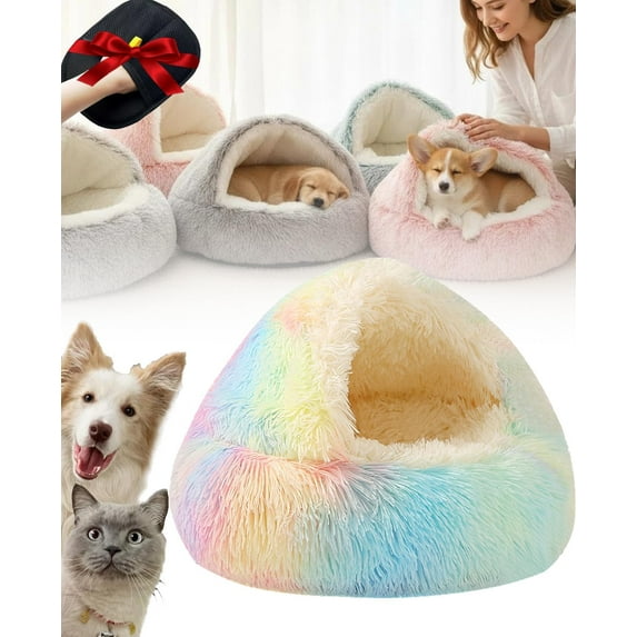 Dog Bed, Anti-Anxiety Dog Bed with Hood Washable Fabric, Non-Slip Base ...