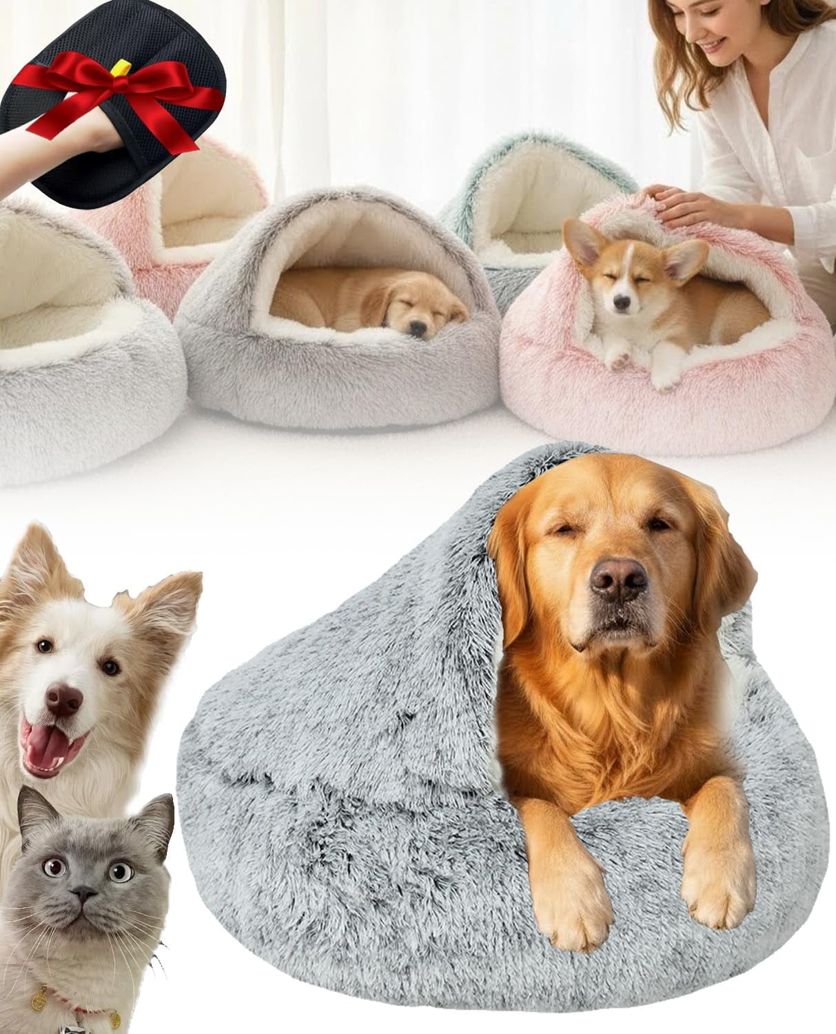 Dog Bed, Anti-Anxiety Dog Bed with Hood Washable Fabric, Non-Slip Base ...