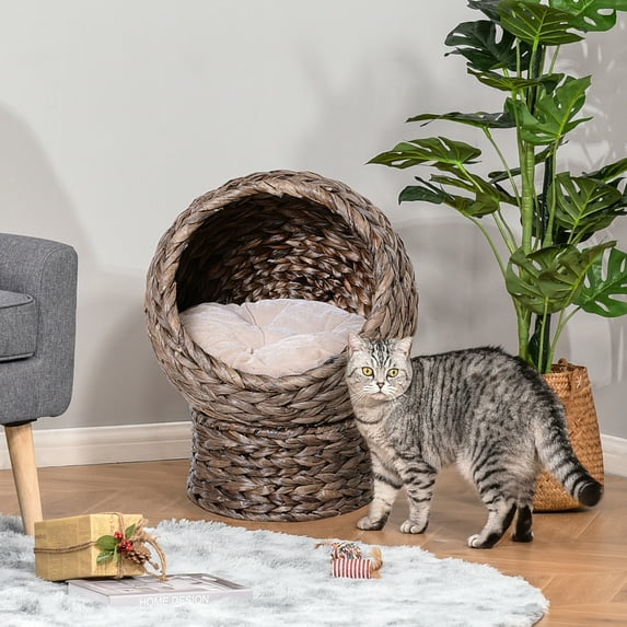 Dog Bed PawHut Handwoven Elevated Cat Bed with Soft Cushion & Cat Egg ...