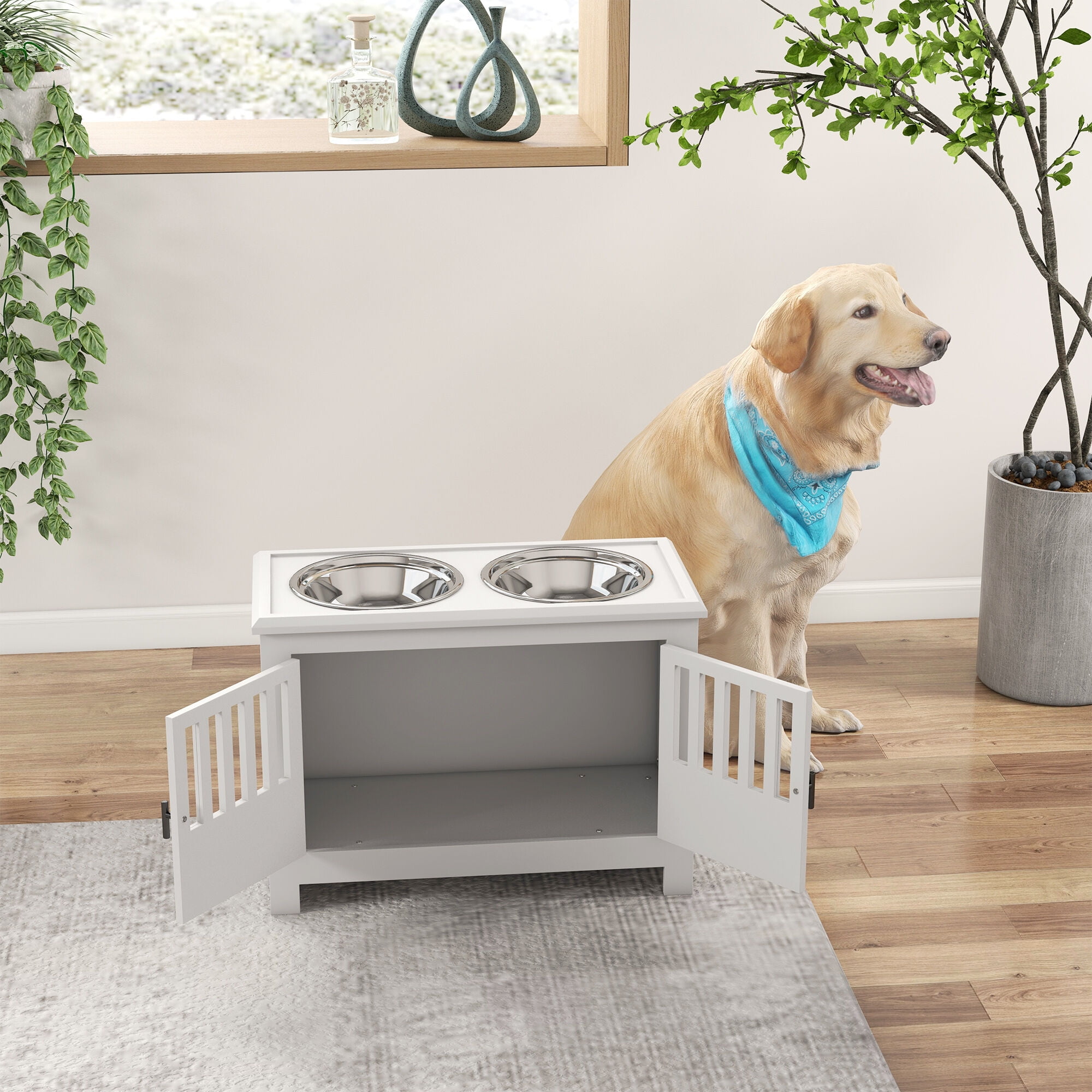Dog Bed PawHut Large Elevated Dog Bowls with Storage Cabinet Containing ...