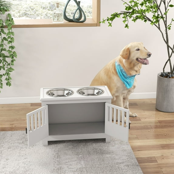 Dog Bed PawHut Large Elevated Dog Bowls with Storage Cabinet Containing ...