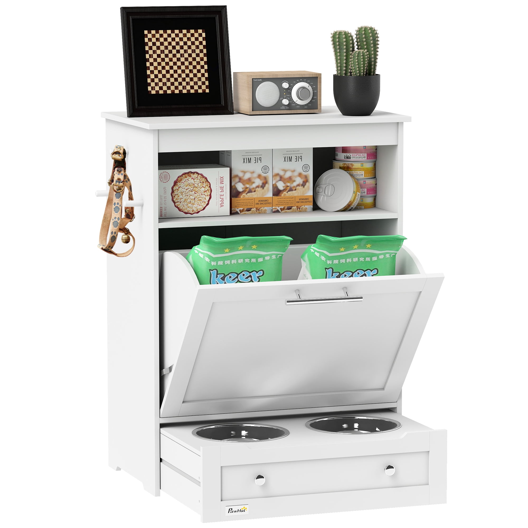 Dog Bed PawHut Pet Feeder Station Storage Cabinet, Dog Food Storage ...