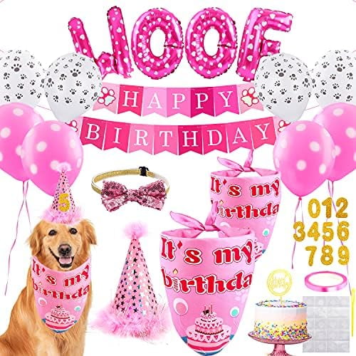 Dog Birthday Bandana Set, Pet Party Decorations Kit with 2 Bandanas ...
