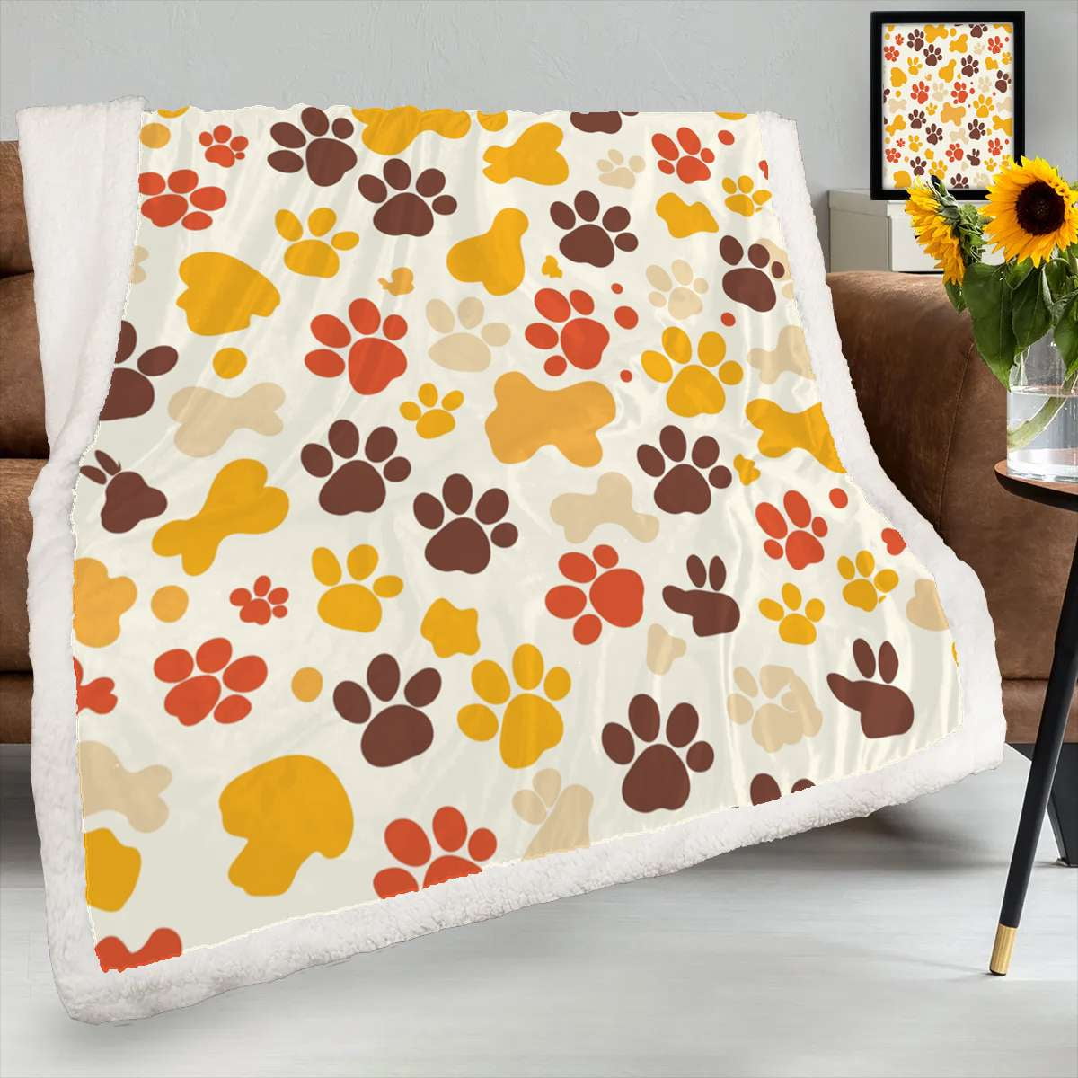 Dog Bones And Paw Prints Sherpa Blanket Throw Blanket For Bed Chair Sofa Blanket For Women Men ...