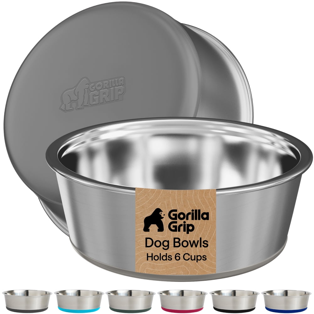Gorilla Grip Stainless Steel Dog Bowls, Set of 2, 6 Cups, Silicone Base ...