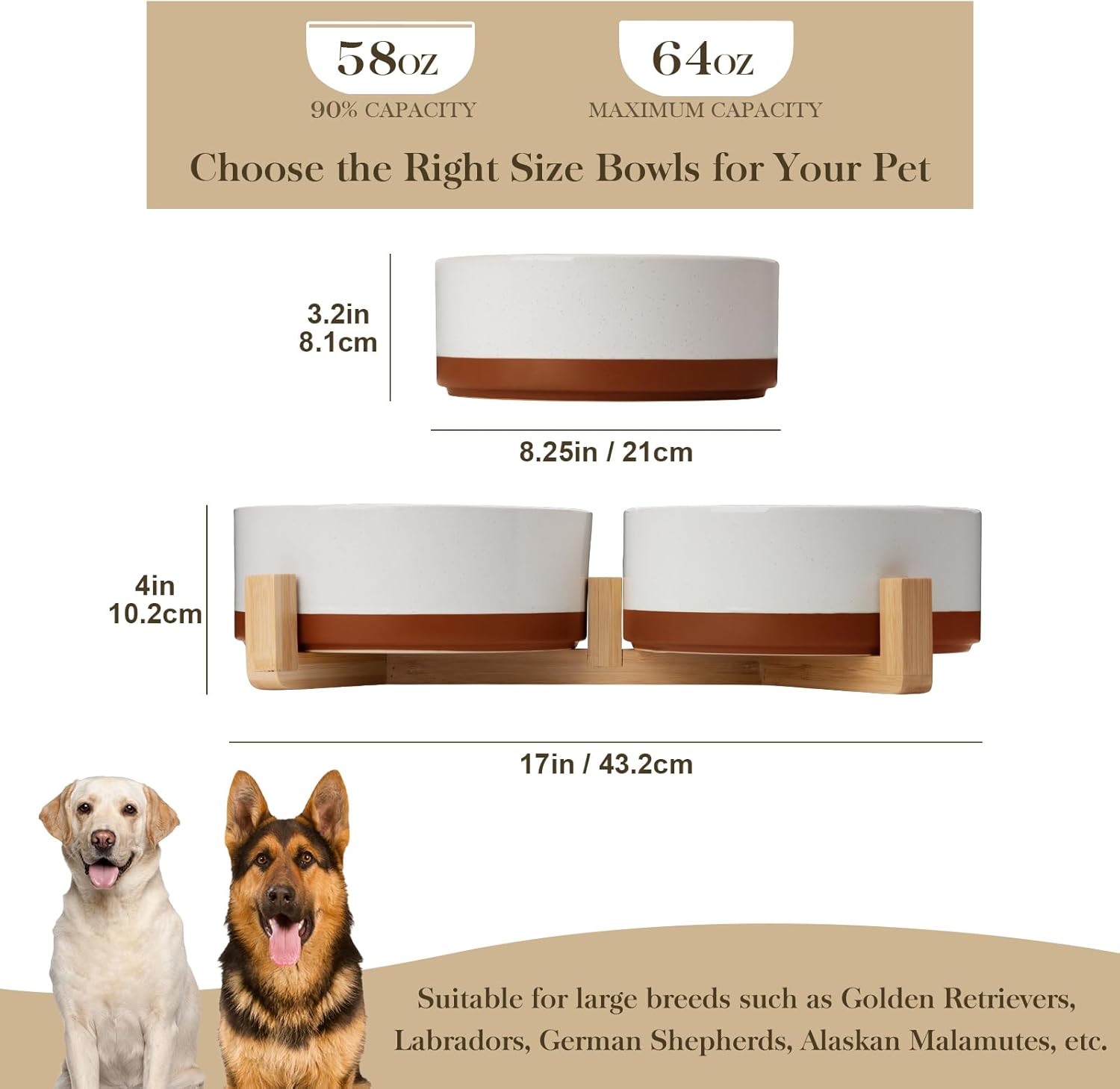 Dog Bowls, Ceramic Dogs Bowls with Wood Stand Non-Slip, 6 Cups or 58 oz ...