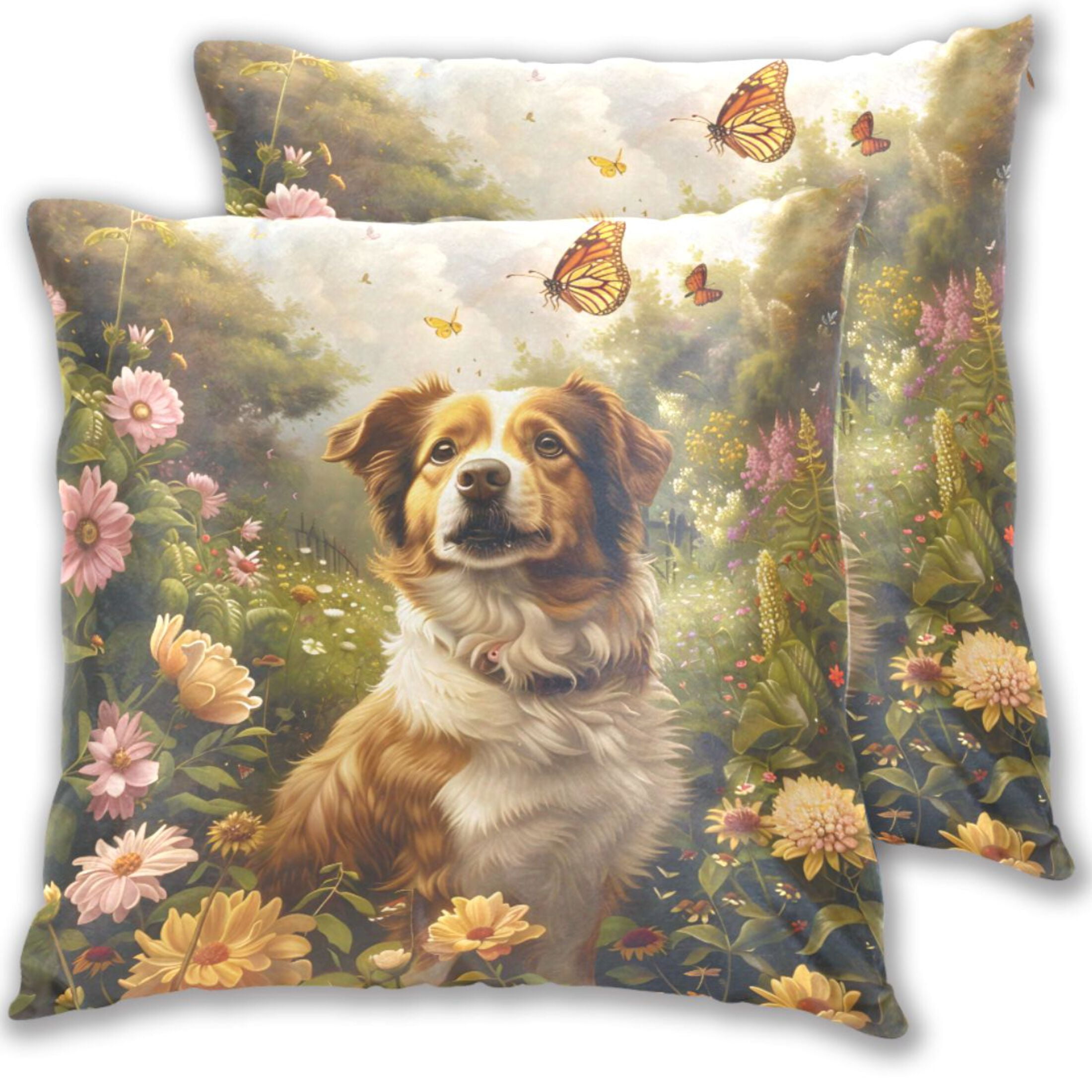 Dog Butterflies in Floral Field Throw Pillow Covers Pillowcases 20 x 20 ...