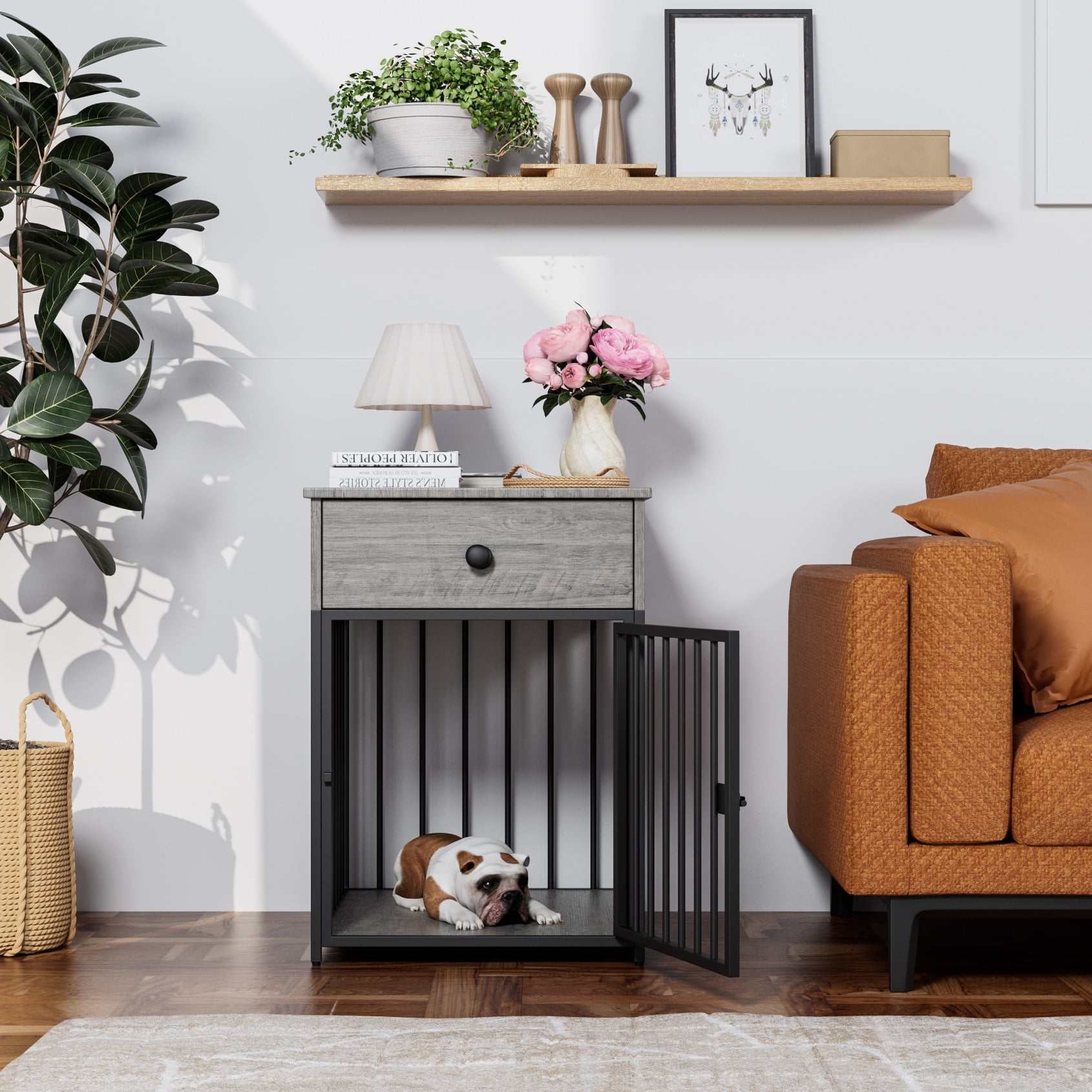 Dog Cage Furniture, Wooden Dog Crate End Table Nightstand with Storage ...