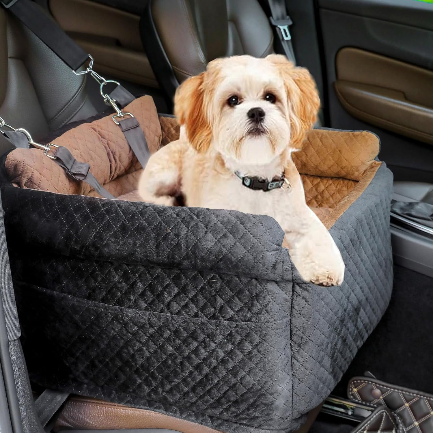 Black+Brown Dog Car Seat - Medium Dogs, Removable & Washable, Adjustable Seat Belt, Storage ...