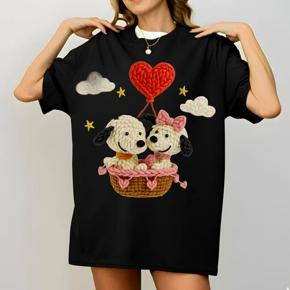 Dog Cartoon Valentine Couple Back Print Graphic Tee, Minimal Animal ...