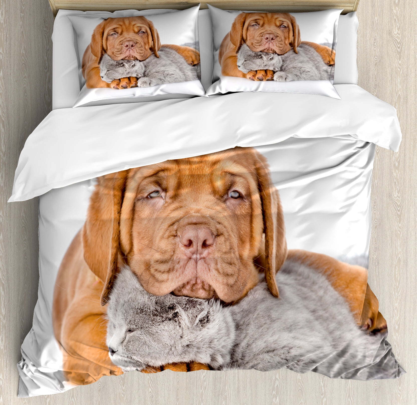 Dog and Cat Duvet Cover Set, Sad Bordeaux's Head on a Sleeping Kitten ...