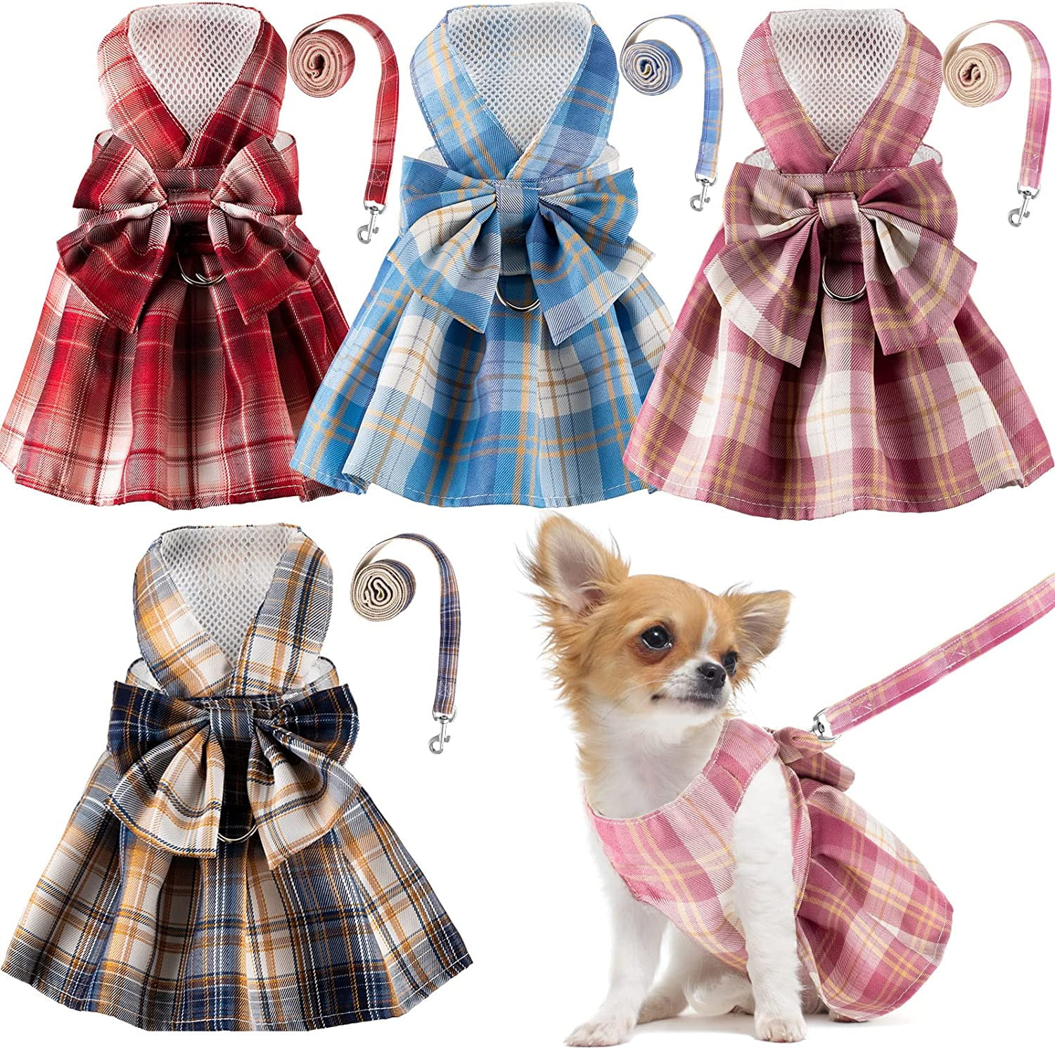Dog Cat Harness with Leash Set, Doggy Dress Plaid Puppy Girl Skirt with ...