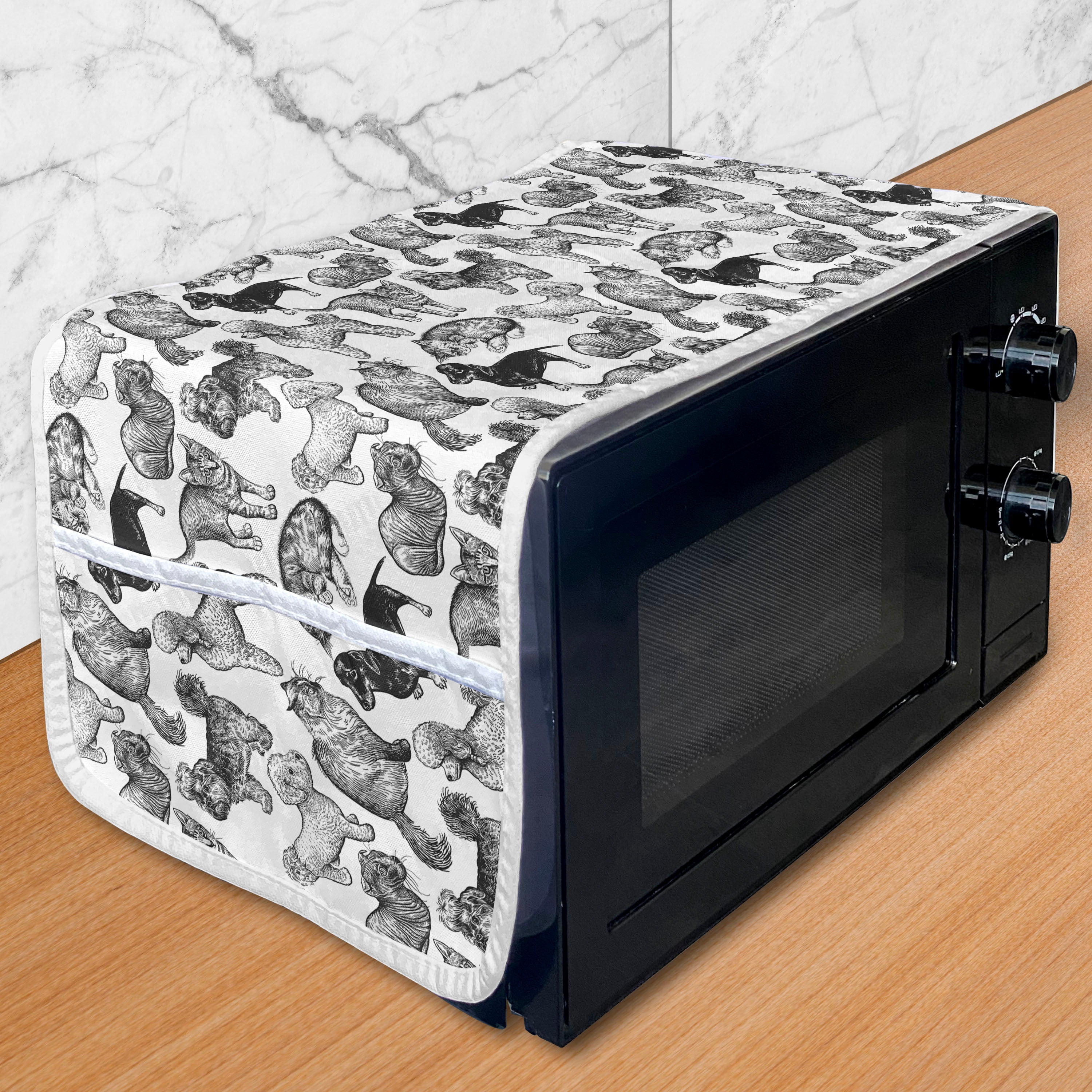 Dog and Cat Microwave Oven Cover, Monochrome Design of Various Animal ...