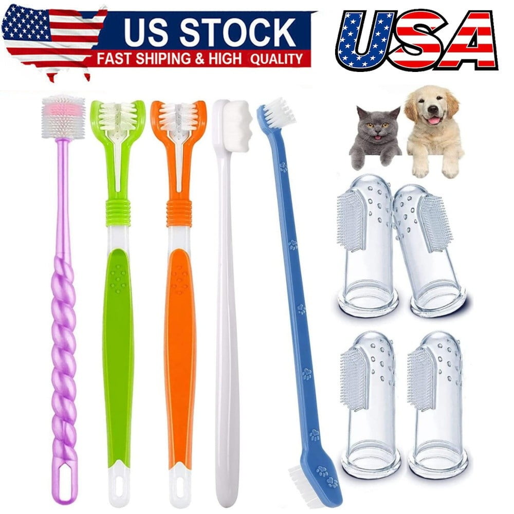 Dog & Cat Toothbrush Set - Triple/Double Head & Finger Brush for Oral ...