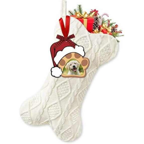 Dog Christmas Stocking with Wooden Pawprint Photo Ornament - Large Pet ...