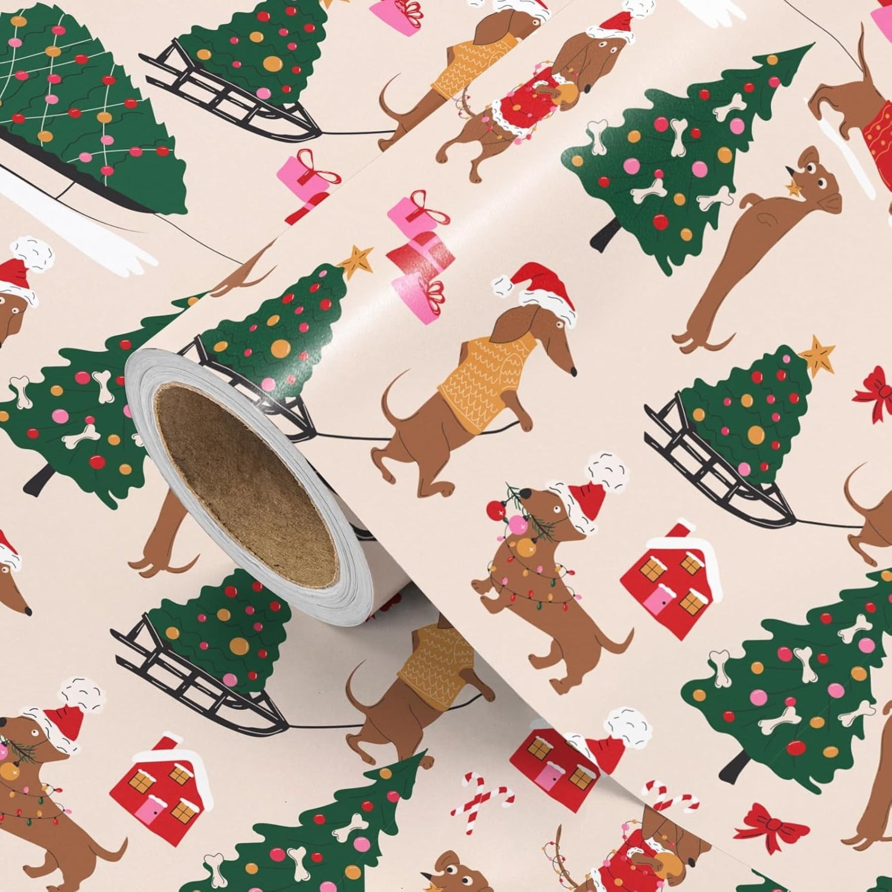 Dog Christmas Wrapping Paper Roll 23 x 58 Inch Dachshund Dog and Red ...