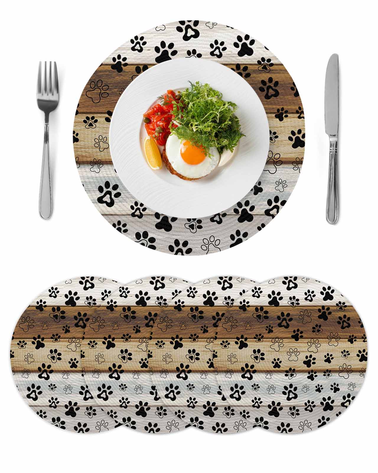 Dog Claw Paw Print Round Table Placemats set of 4, Pet Grey Brown ...