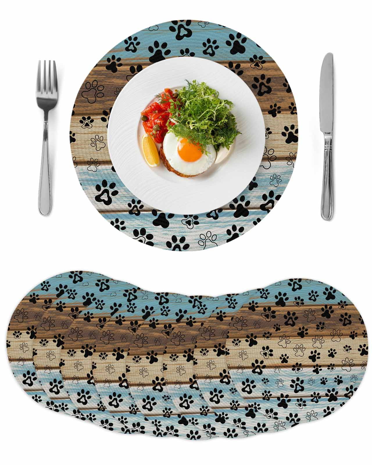 Dog Claw Paw Print Round Table Placemats set of 8, Pet Blue Brown ...