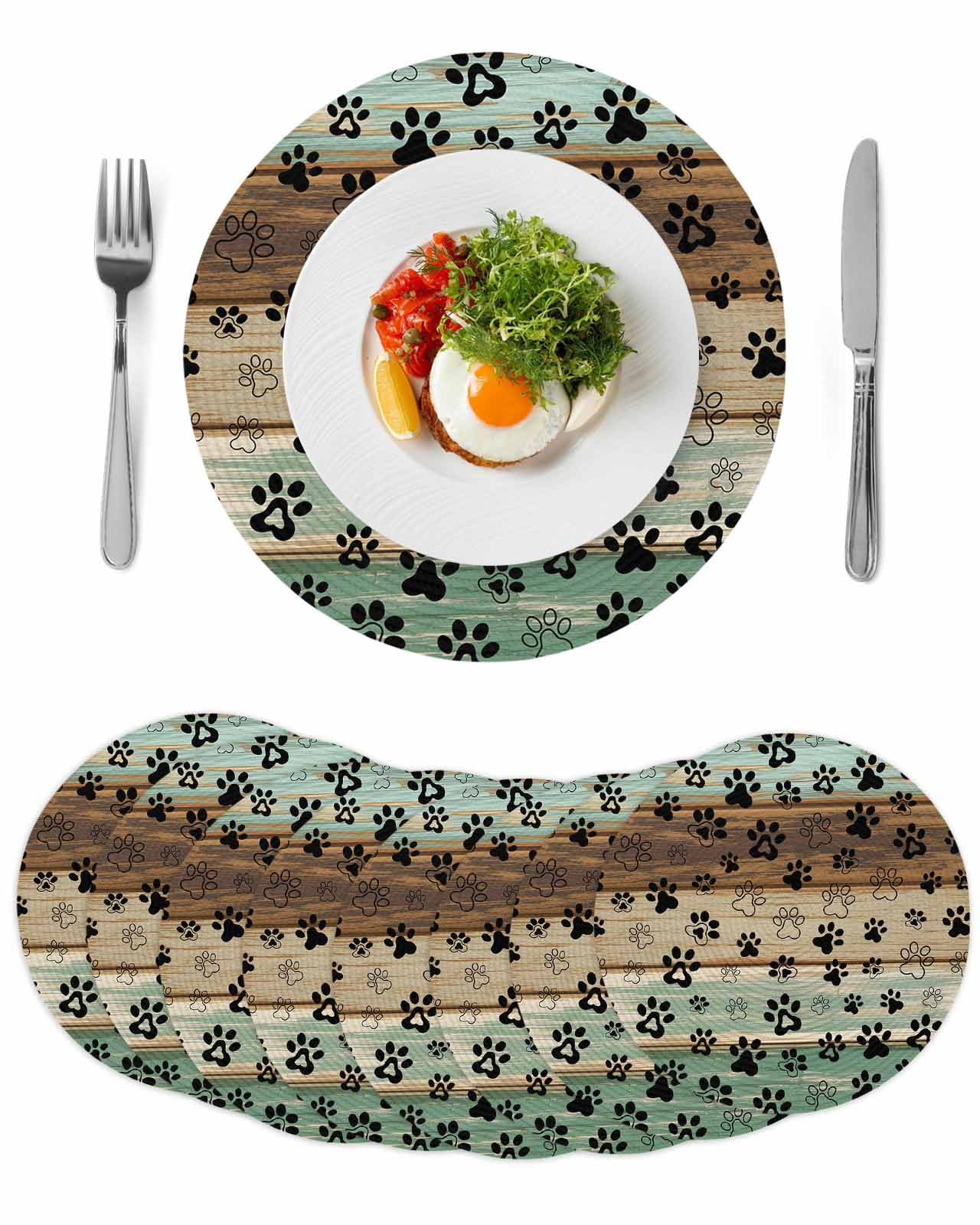 Dog Claw Paw Print Round Table Placemats set of 8, Pet Green Brown ...