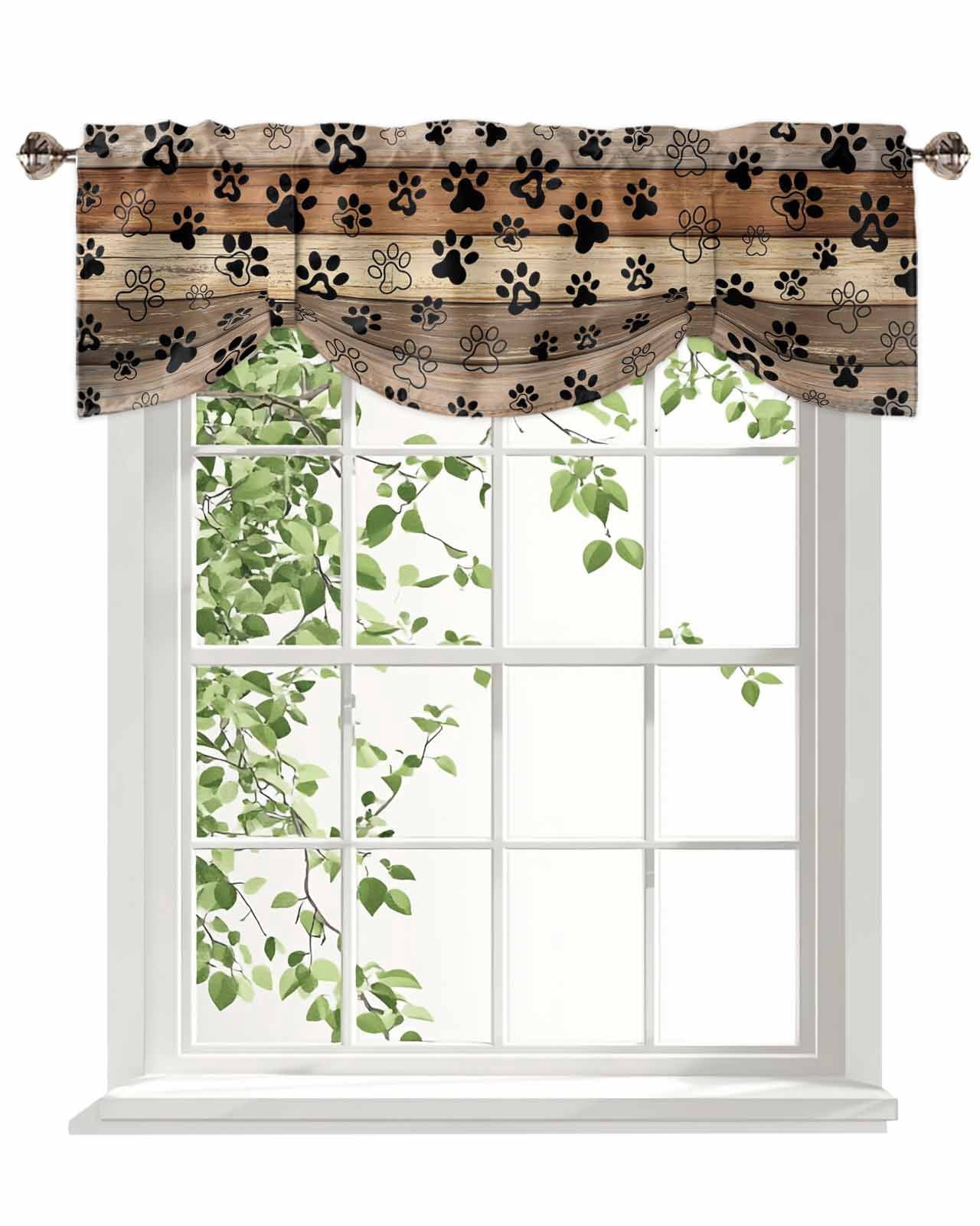 Dog Claws Painting Tie Up Valances Curtain, Vintage Brown Wood Striped ...
