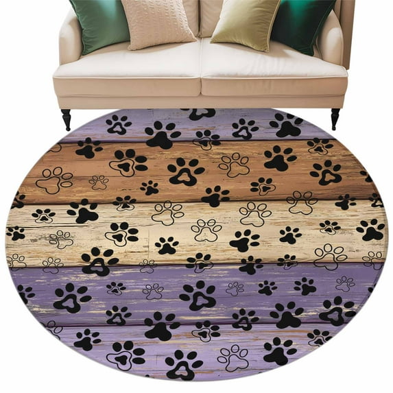 Dog Claws Painting Washable Round Area Rug 5 ft, Purple Wood Striped ...
