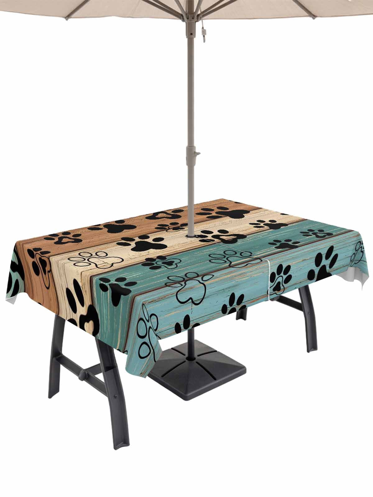 Dog Claws Rectangle Outdoor Tablecloth with Umbrella Hole Teal Brown ...