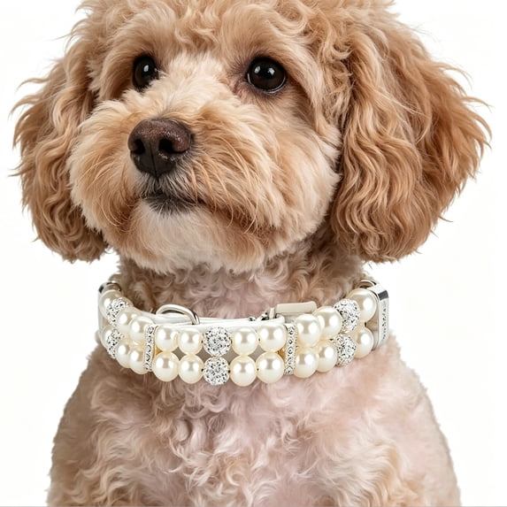 Dog Collar Elegant White PU Pet Necklace with Pearl & Crystal Sparkling ...