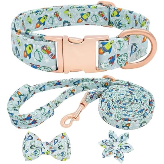 Dog Collar and Leash Set Adjustable Girls Puppy Floral Collars with Bow ...