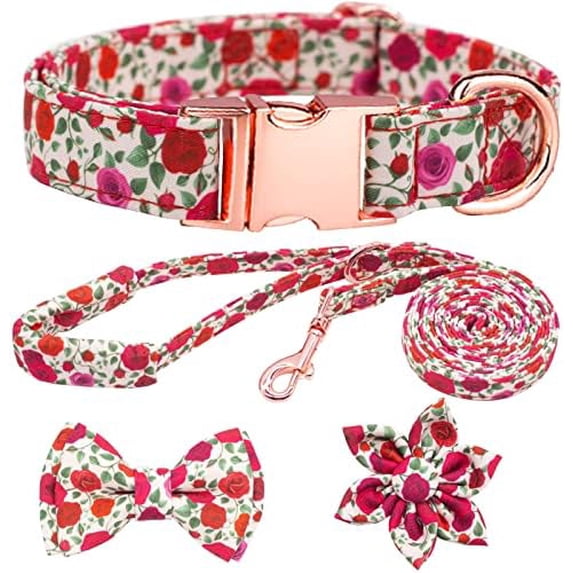 Dog Collar and Leash Set Girls Adjustable Puppy Collars with Floral Bow ...
