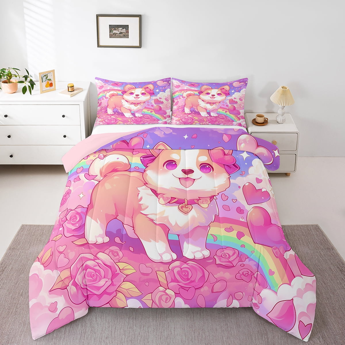 Dog Comforter Set Kawaii Corgi Full Bedding Set Cute Puppy Heart ...