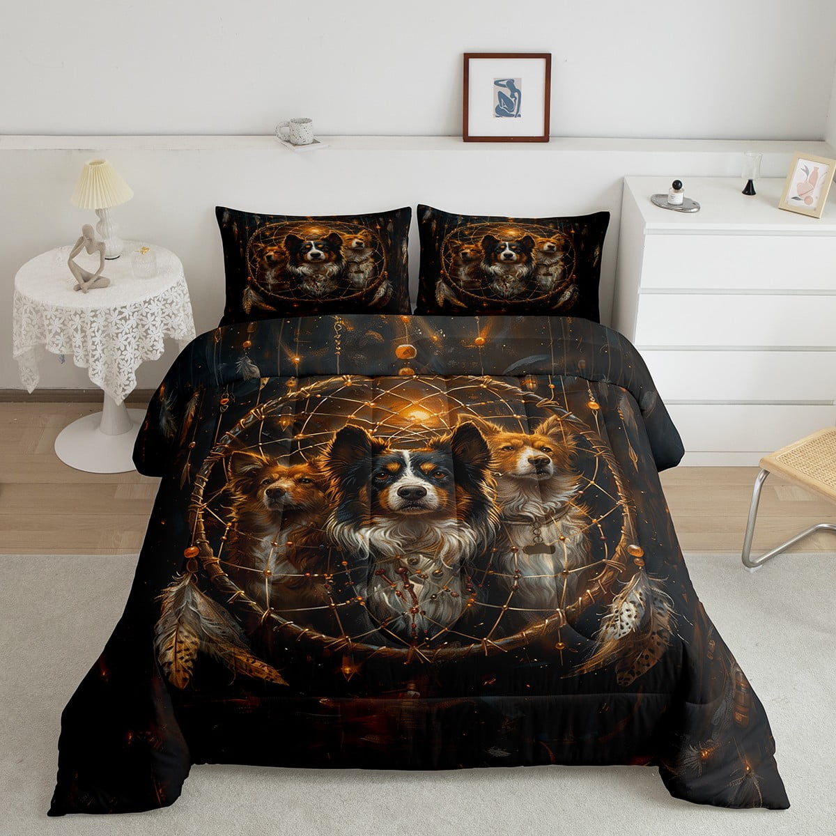 Dog Comforter Set Dream Catcher Quilt Bed Set,Boho Feather King Bedding ...