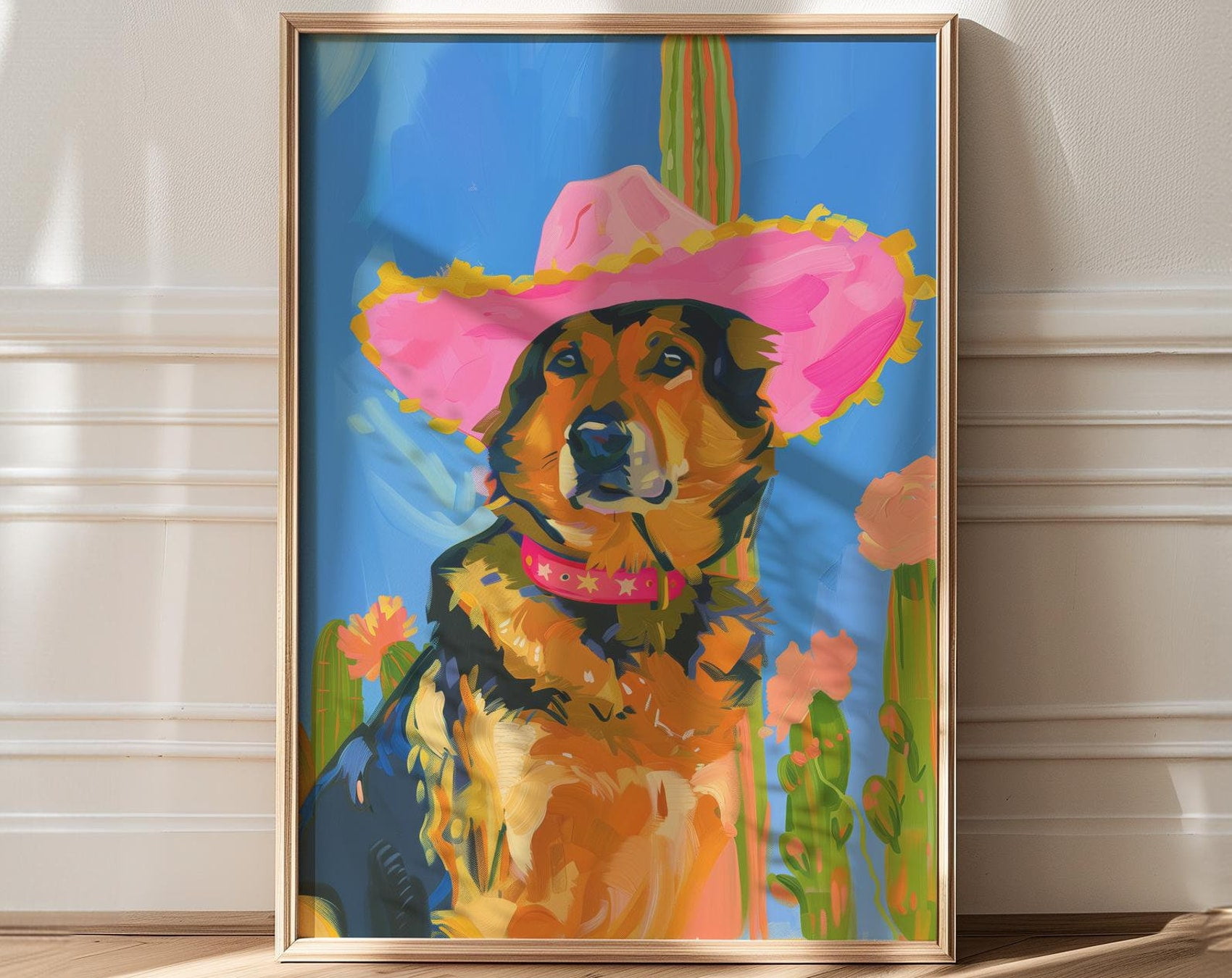 Dog in Cowboy Hat, German Shepherd Cowgirl Art, Preppy Dog Art, Trendy ...