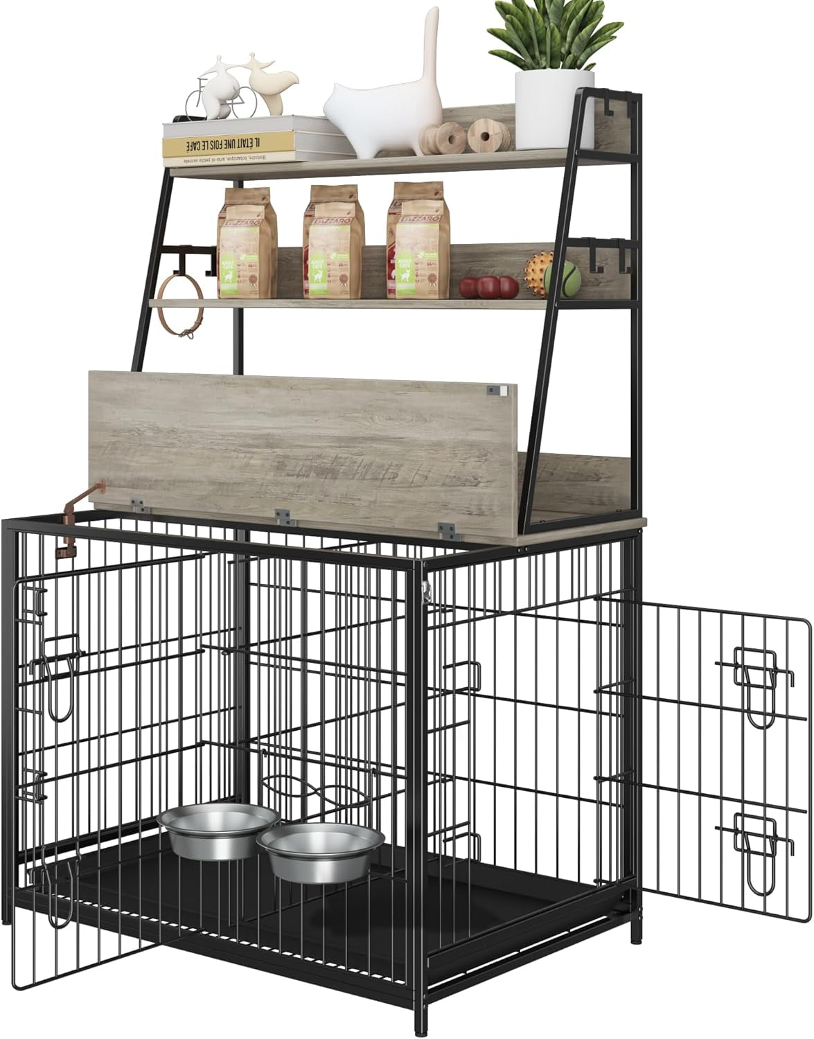 Dog Crate Furniture 37.4 Inch Wooden Flip-Up Top Metal Frame 3-Layer ...