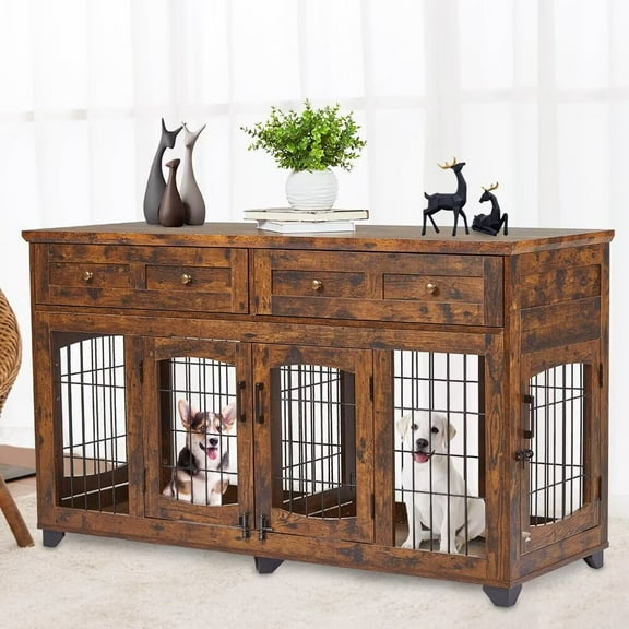 Dog Crate Furniture with Cushion Wooden Kennel Table with Double Doors ...