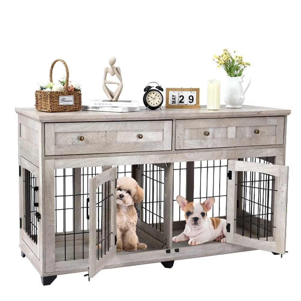 Dog Crate Furniture with 5 Doors, 58" Wooden Dog Crate Table with 2 ...