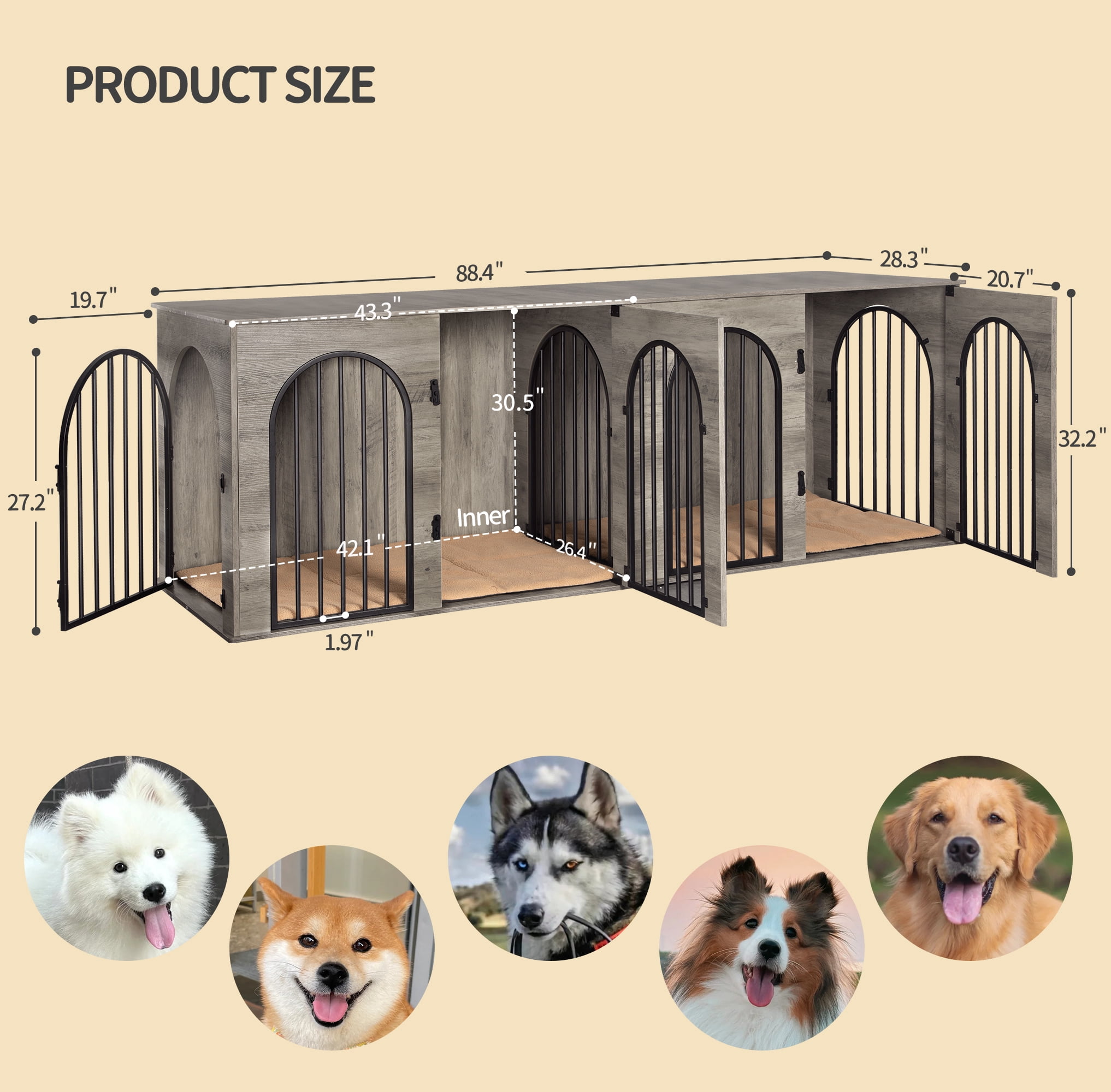 Dog Crate Furniture, 71" Heavy Duty Dog Kennels with Divider, Pads, Dog ...