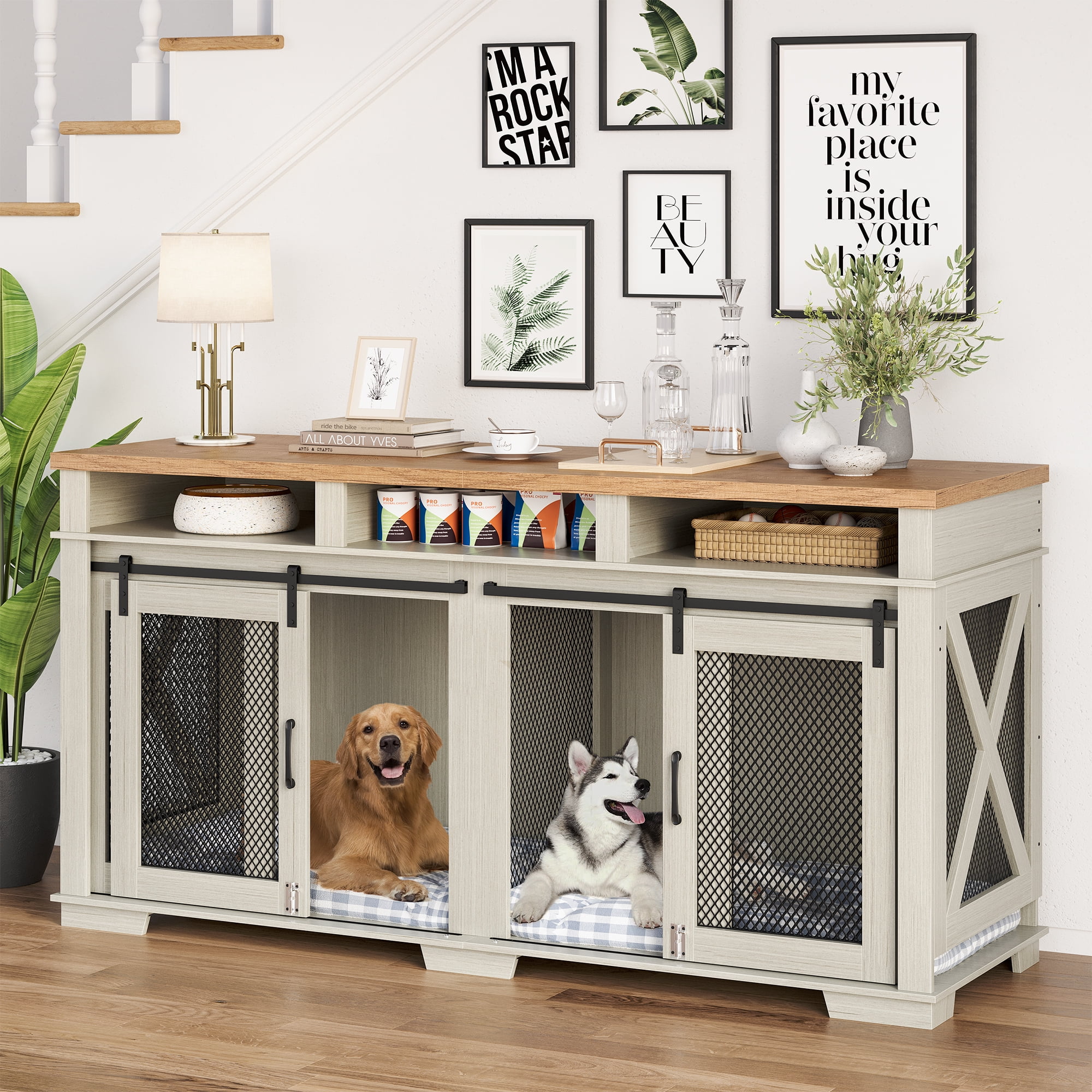Dog Crate Furniture, 71 Inch Wood Dog Kennel, Dog Crate End Table with ...