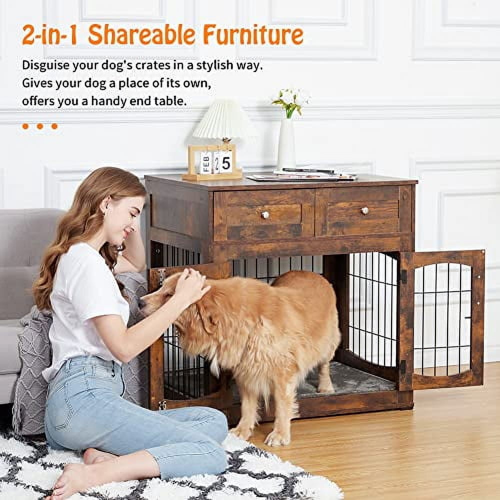 Dog Crate Furniture with Cushion,Wooden Dog Crate Table with 2 Drawers ...