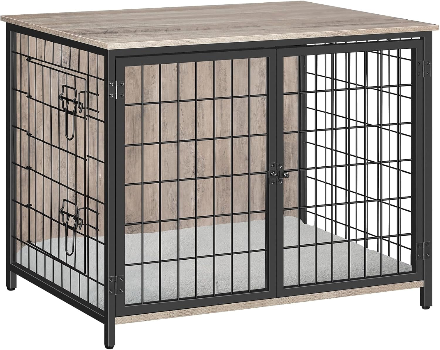 Dog Crate Furniture with Cushion, Wooden Dog Kennel with Double Doors ...