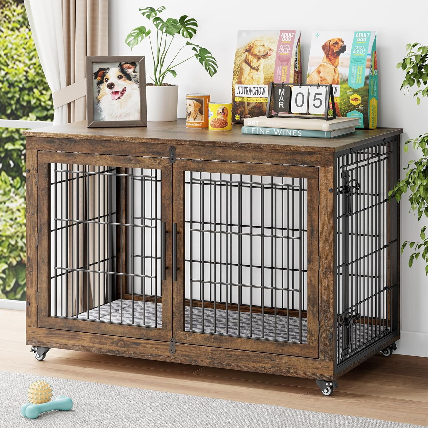 Dog Crate Furniture with Cushion, Wooden Dog Kennel Indoor with Double ...