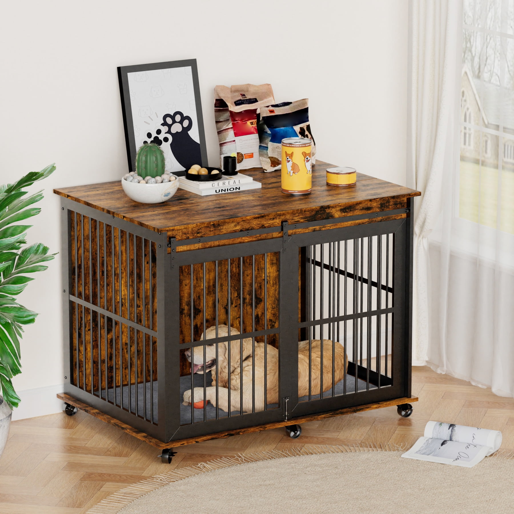 Dog Crate Furniture with Cushion, Wooden Dog Crate Table, Sliding Iron ...