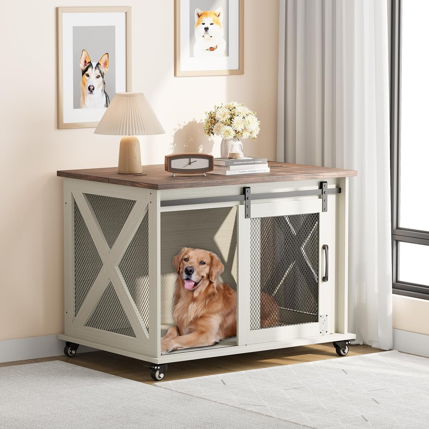 Dog Crate Furniture with Flip Top, 37" Dog Cage Furniture with Sliding ...